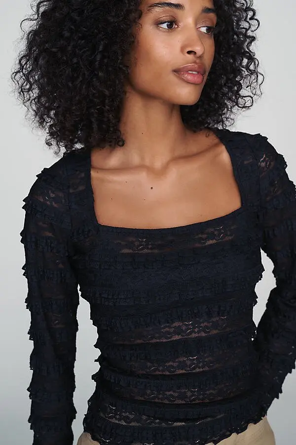 Anthropologie Square-neck Lace Long-sleeve Top - Black