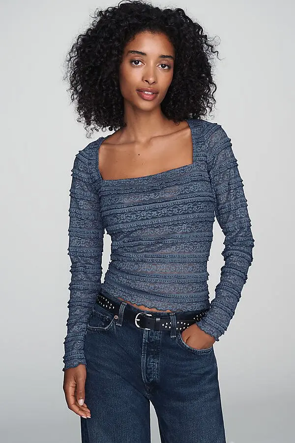 Anthropologie Square-neck Lace Long-sleeve Top - Green