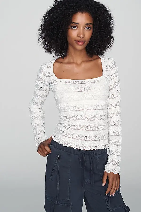 Anthropologie Square-neck Lace Long-sleeve Top - Ivory