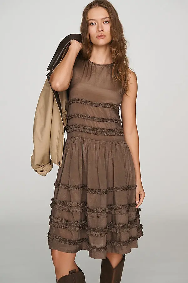 DAMSON MADDER Drop Waist Ruffled Midi Dress