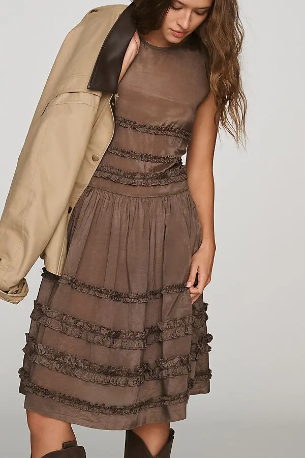 DAMSON MADDER Drop Waist Ruffled Midi Dress