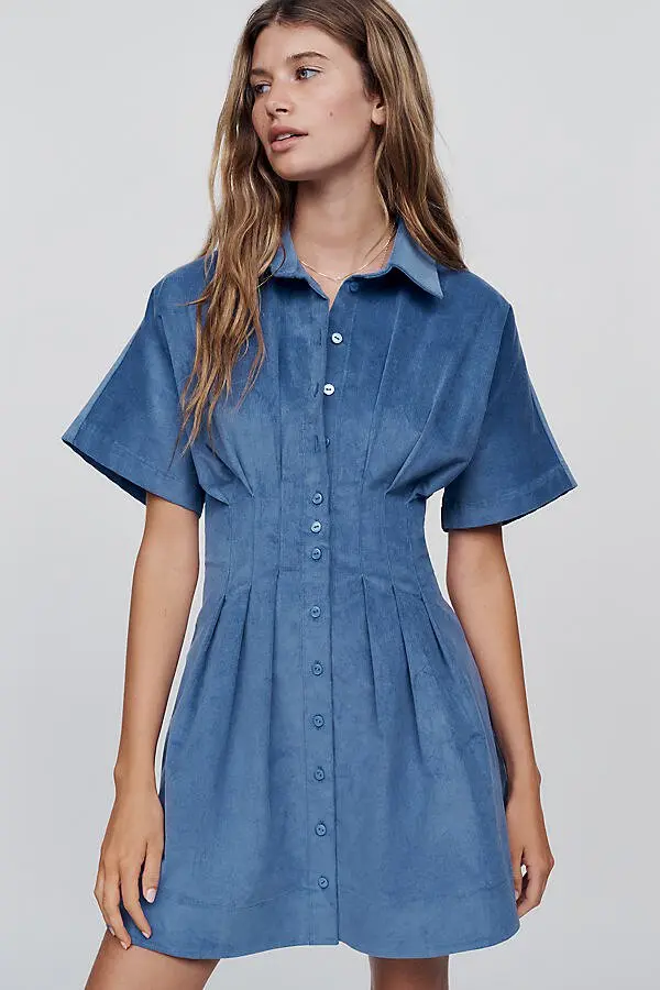 EXQUISE Tobie Corduroy Mini Shirtdress - Light Blue