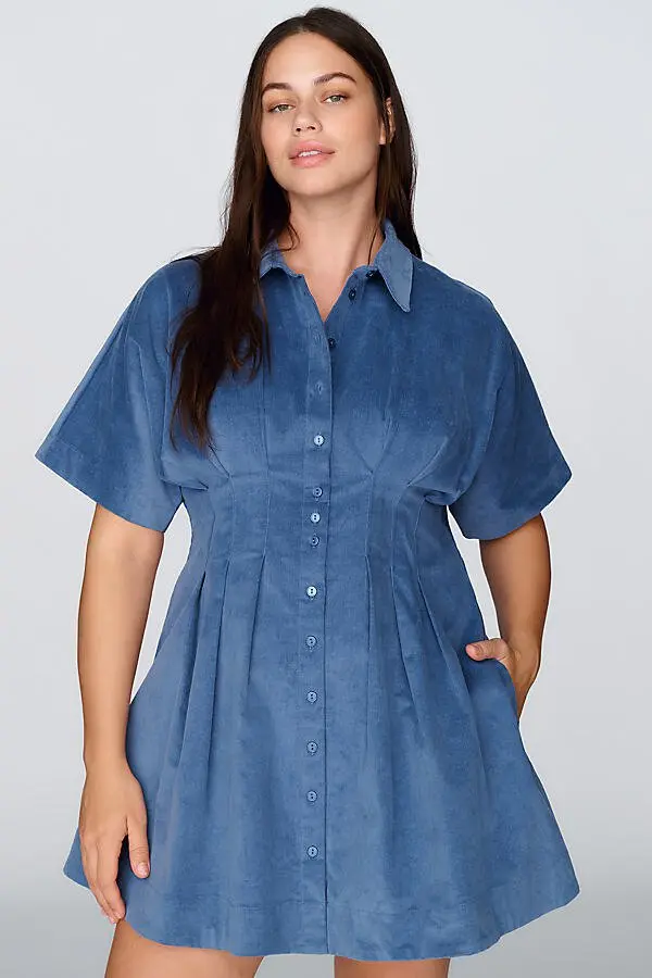 EXQUISE Tobie Corduroy Mini Shirtdress - Light Blue