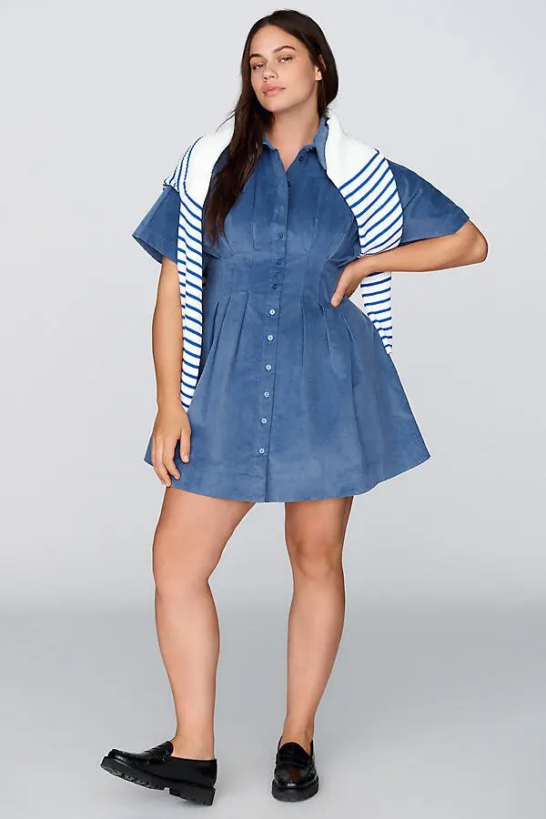 EXQUISE Tobie Corduroy Mini Shirtdress - Light Blue