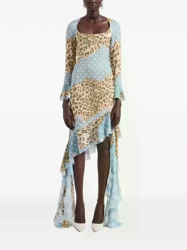 Nina Ricci Leopard Print Polka Dot Square Neck Midi Dress