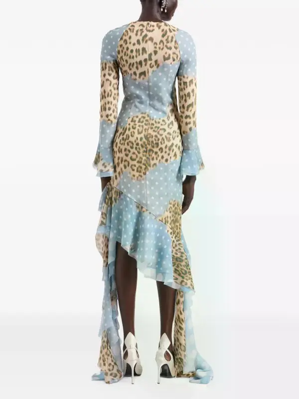 Nina Ricci Leopard Print Polka Dot Square Neck Midi Dress