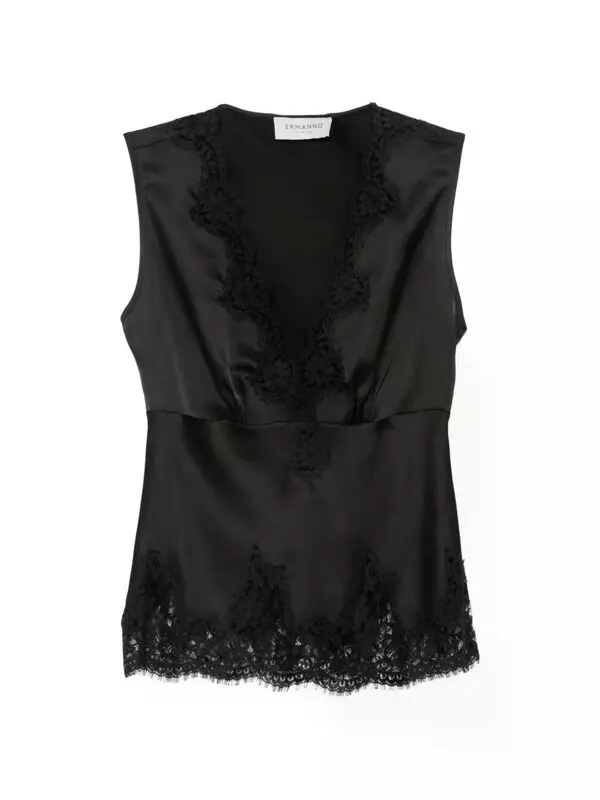 ERMANNO FIRENZE Lace-trimmed Sleeveless V-neck Top - Black