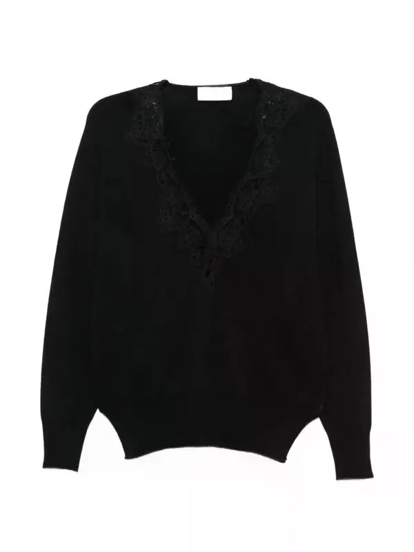 ERMANNO FIRENZE Lace Trim V-neck Sweatshirt - Black