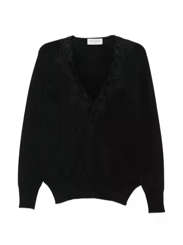 ERMANNO FIRENZE Lace Trim V-neck Sweatshirt - Black