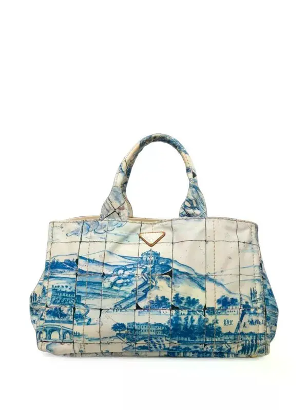 Prada 2013-2014 Large Canvas Canapa Azulejos Satchel - Blue