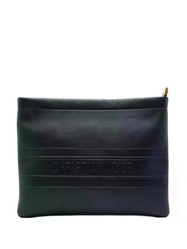 Dior 2020 Embossed Calfskin Logo Zip Clutch Bag - Black