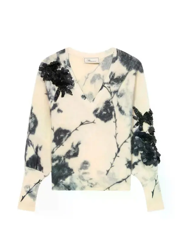 Blumarine Floral Print Sequin Embellished V-neck Sweater