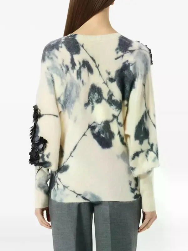 Blumarine Floral Print Sequin Embellished V-neck Sweater