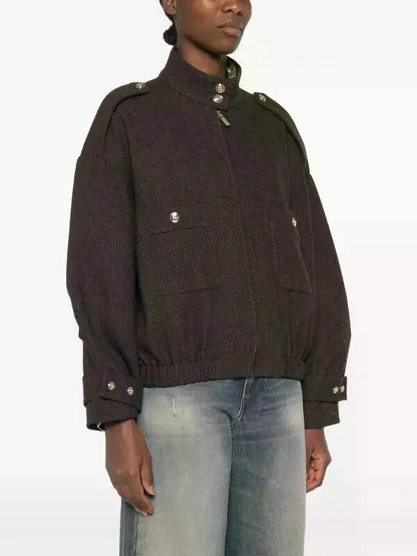 Maje Herringbone Pattern Stand-up Collar Zip-up Jacket