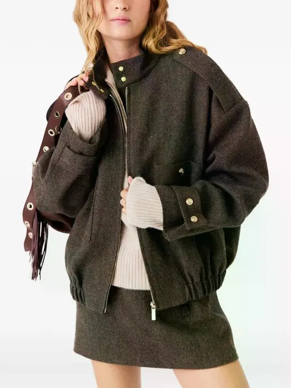 Maje Herringbone Pattern Stand-up Collar Zip-up Jacket - Brown