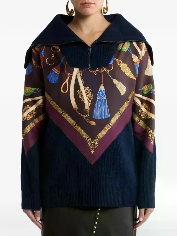Etro Wool And Cashmere Sweater With Zip And Silk Insert