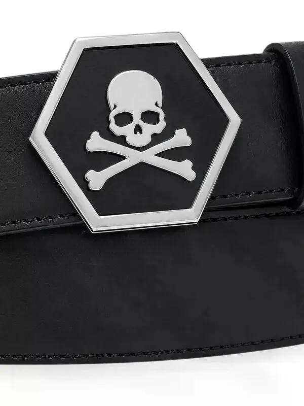 Philipp Plein Skull Buckle Leather Belt