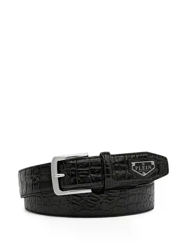 Philipp Plein Leather Belt With Crocodile Effect And Metal Plaque - Black