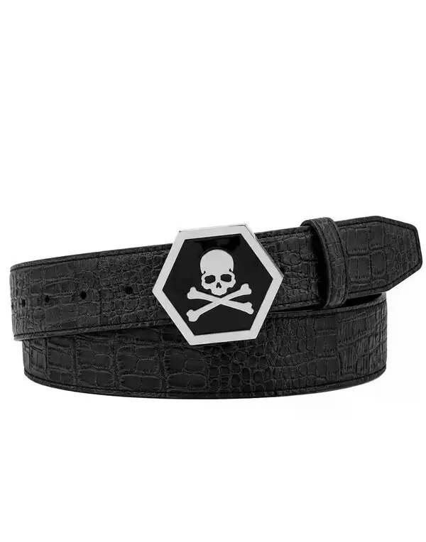 Philipp Plein Leather Belt With Skull And Crossbones Buckle - Black