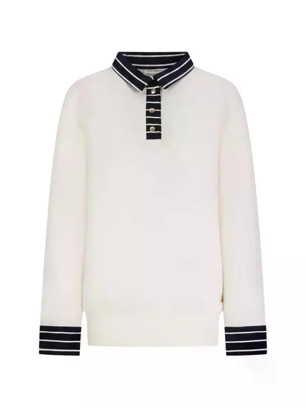 HOUSE OF GRAVITY Long-sleeve Striped Trim Polo Shirt - Neutrals