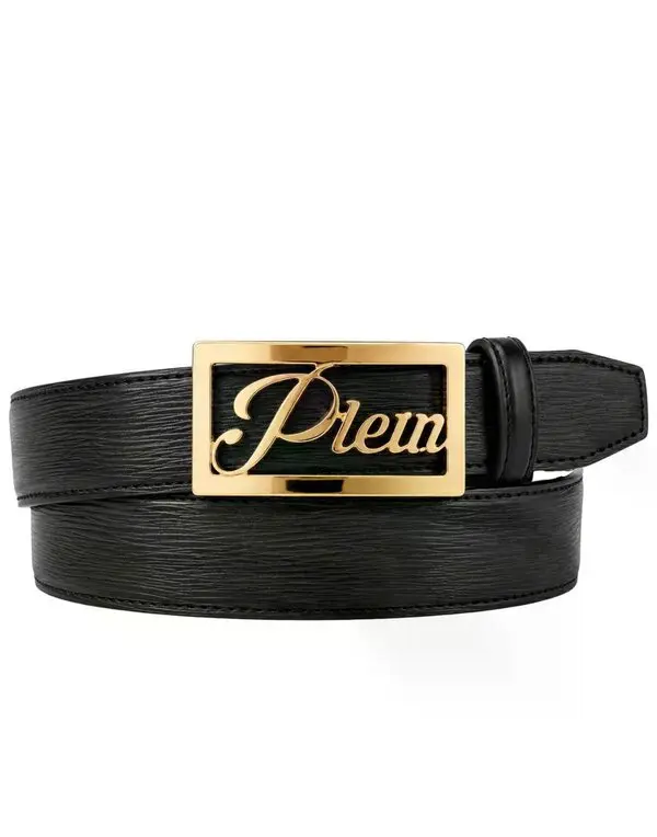 Philipp Plein Saffiano Leather Belt With Gold Tone Buckle - Black