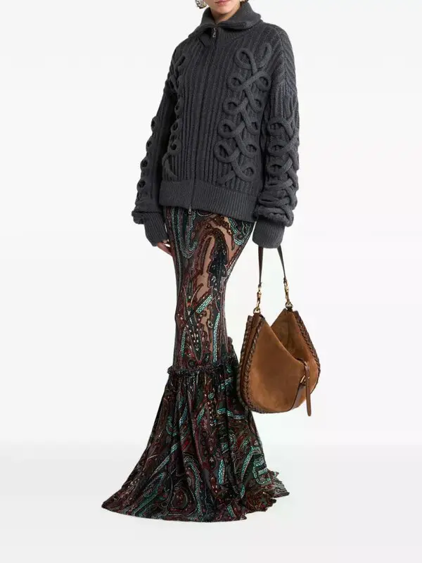 Etro Ribbed Wool-blend Zip-up Cardigan With Woven Detailing