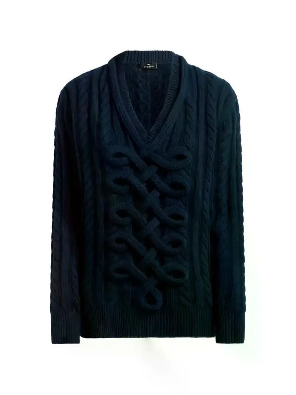 Etro Ribbed Wool-blend Sweater With Woven Detailing - Blue