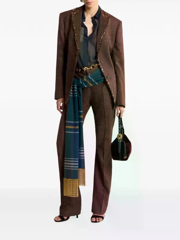 Etro Straight-leg Wool Trousers With Pheasant Feathers And Micro Houndstooth Motif