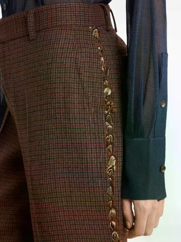 Etro Straight-leg Wool Trousers With Pheasant Feathers And Micro Houndstooth Motif