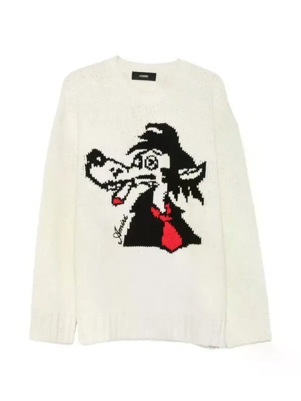 Amiri Wolf Intarsia Crew Neck Sweater - White