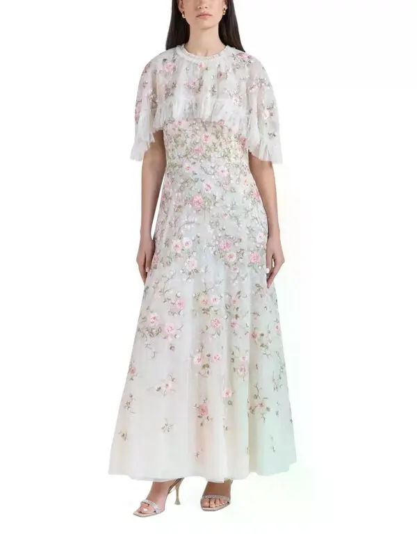 NEEDLE & THREAD Eden Floral-embroidered Ruffled Maxi Dress - White