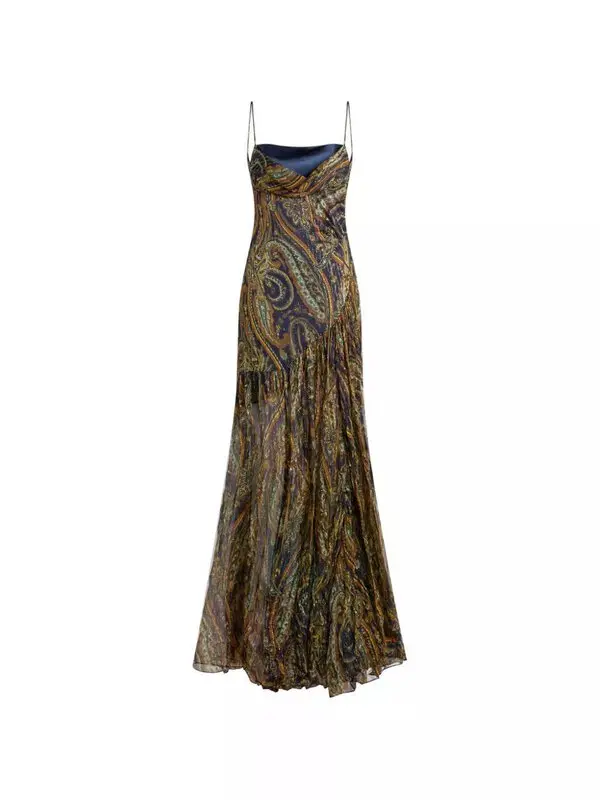 Etro Long Silk Paisley Print Maxi Dress With Draping - Brown