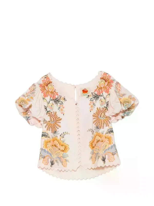 Farm Rio Floral Print Scallop-edge Puff Sleeve Top - Pink