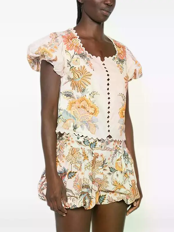 Farm Rio Floral Print Scallop-edge Puff Sleeve Top - Pink