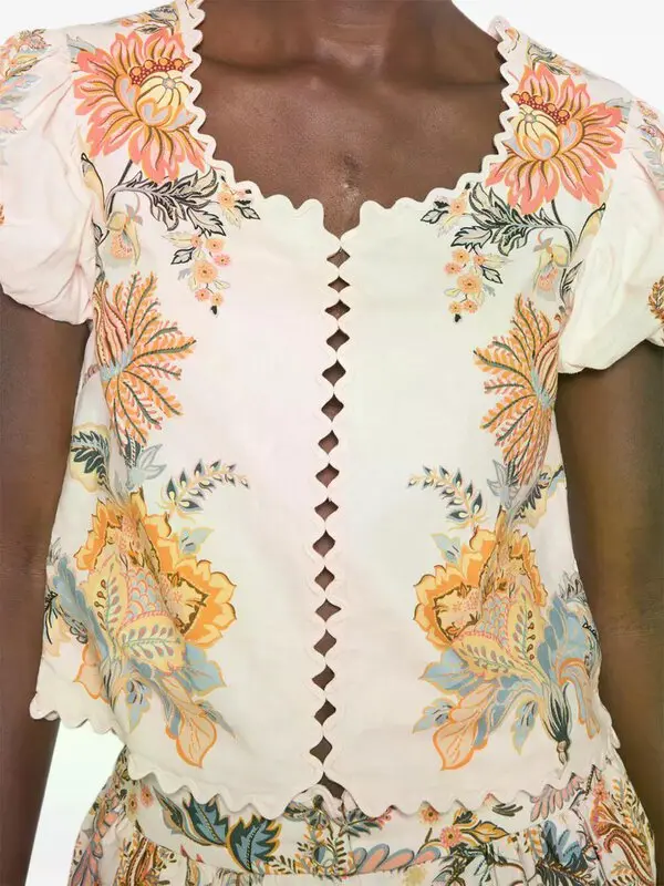 Farm Rio Floral Print Scallop-edge Puff Sleeve Top - Pink