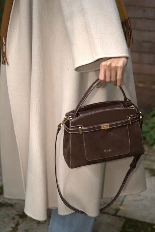 MI BOLSA LONDON Manhattan Genuine Suede Leather Top Handle Bag