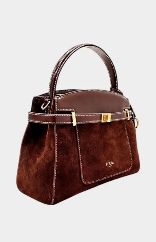 MI BOLSA LONDON Manhattan Genuine Suede Leather Top Handle Bag