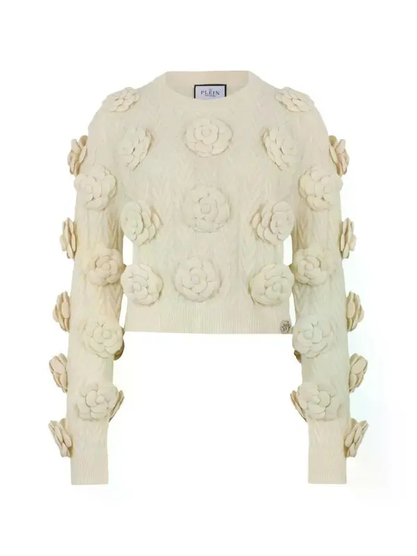 Philipp Plein Cream Cable Knit Rose Appliqué Pullover