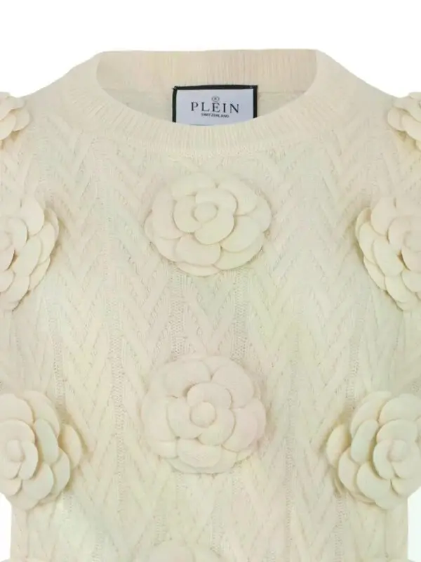 Philipp Plein Cream Cable Knit Rose Appliqué Pullover