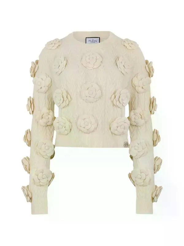 Philipp Plein Cream Cable Knit Rose Appliqué Pullover - Neutrals