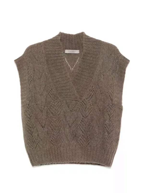 D.exterior Sleeveless V-neck Pointelle Knit Sweater - Brown