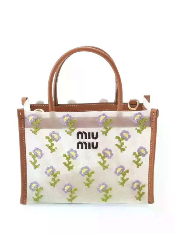 Miu Miu 2020-2026 Leather Trimmed Embroidered Mesh Top Handle Bag Satchel - White