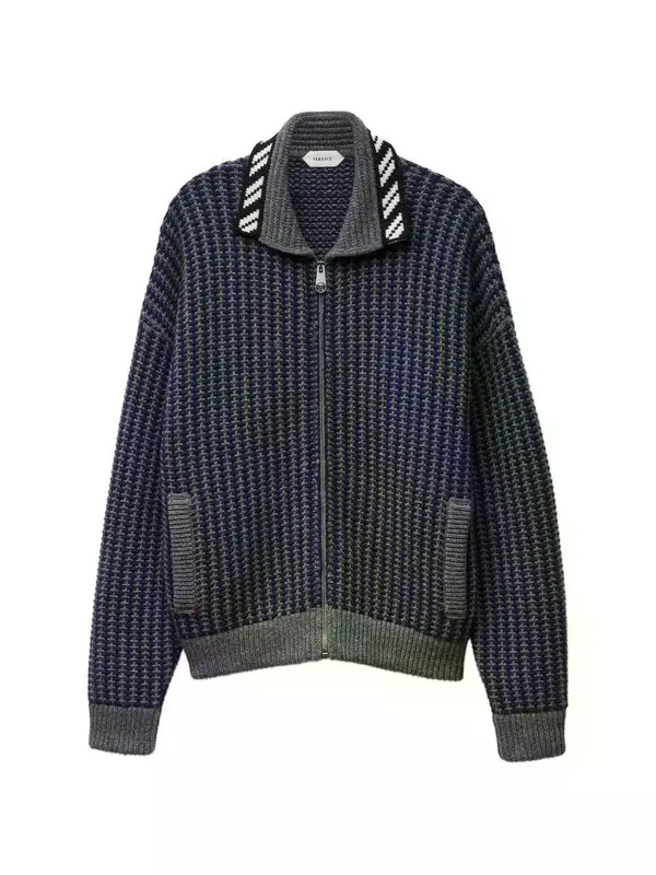 Versace Intarsia Wool Knit Zip Cardigan