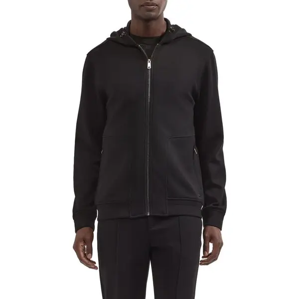 Bugatchi Soft Touch Full Zip Hoodie With Drawstring Hood And Zip Pockets - Black