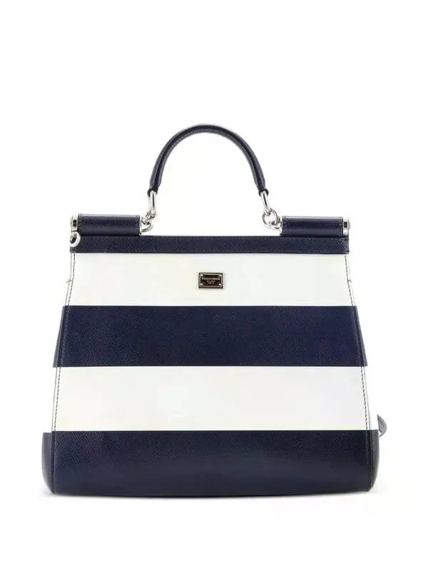 Dolce & Gabbana Miss Sicily Bag Striped Leather Medium Satchel - Blue