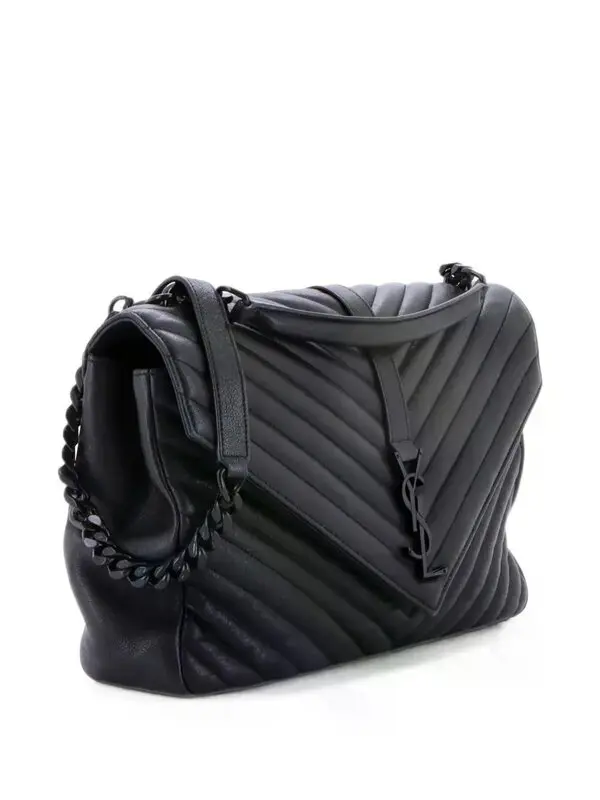 Saint Laurent Monogram College Bag Matelasse Chevron Leather Large Shoulder Bag - Black