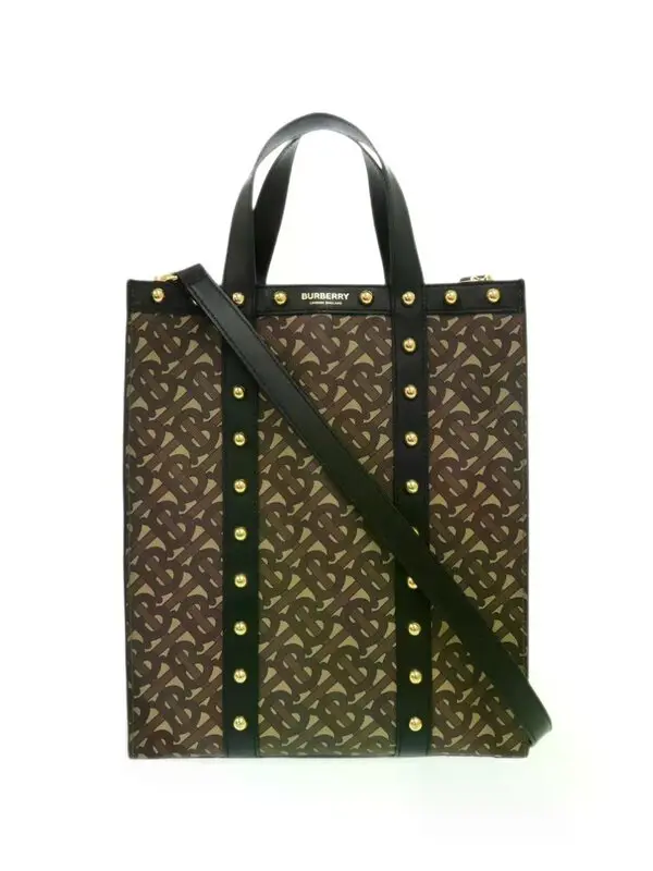 Burberry 2018-2023 Small Tb Monogram E Canvas And Studded Leather Vertical Tote Satchel - Brown