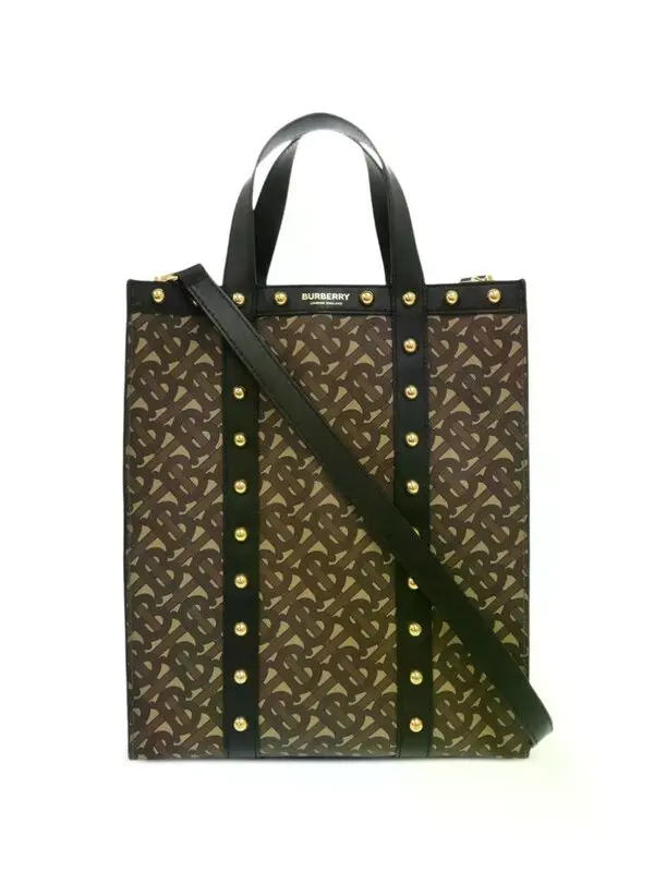 Burberry 2018-2023 Small Tb Monogram E Canvas And Studded Leather Vertical Tote Satchel - Brown
