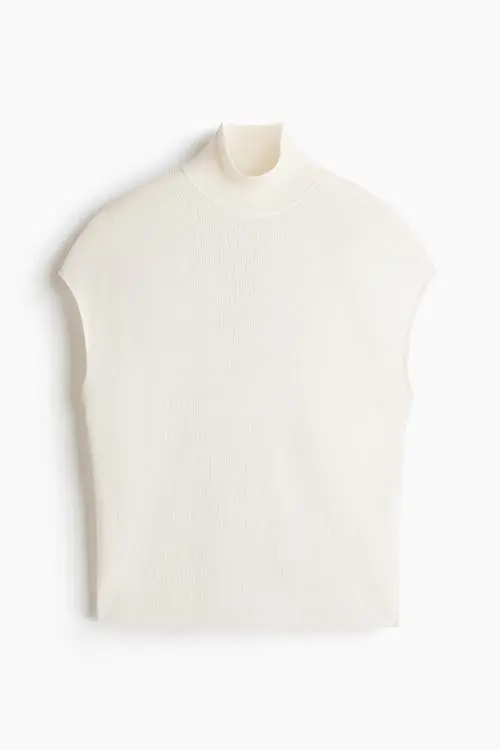 H&M Lyocell-blend Fine-knit Mock Turtleneck Top With Cap Sleeves - Cream