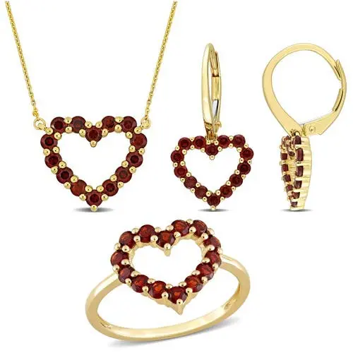 JULIANNA B. 10k Yellow Gold Heart Motif Necklace, Earrings & Ring Set - Garnet